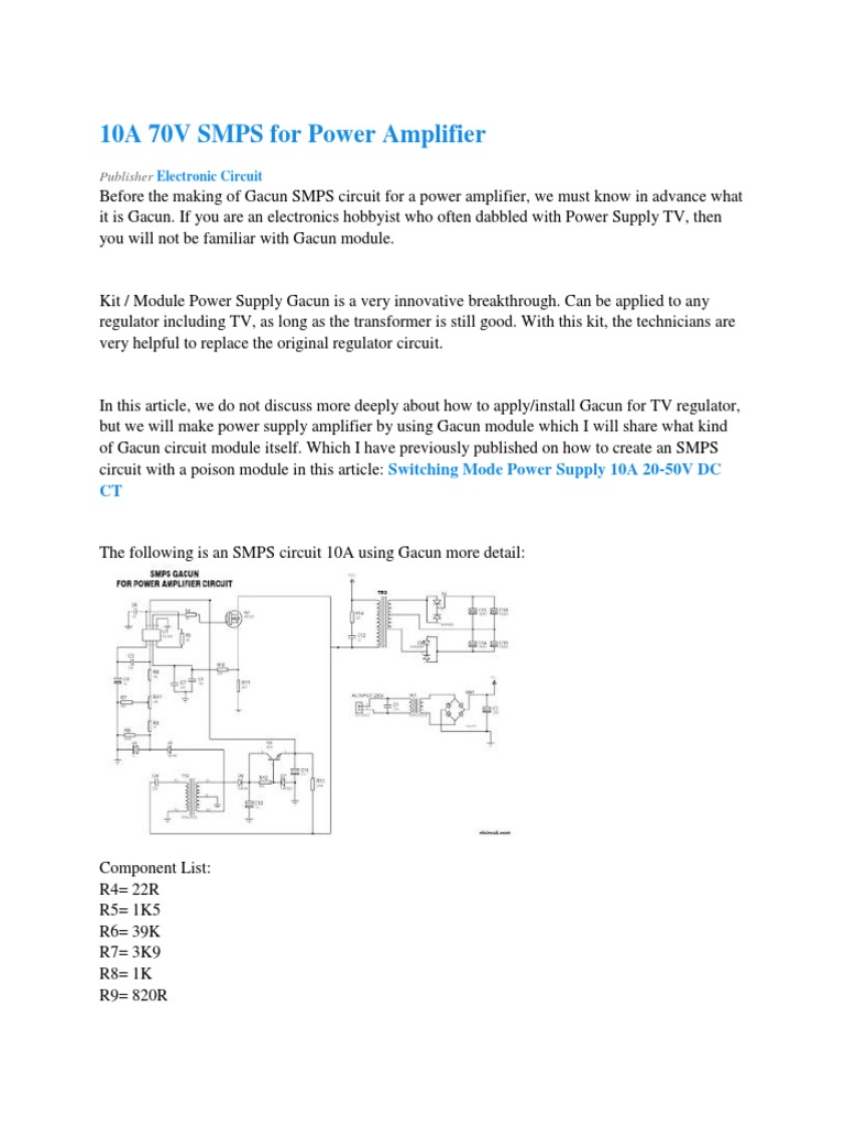 10A 70V SMPS Circuit Using a Gacun Module for Power Amplifier ...