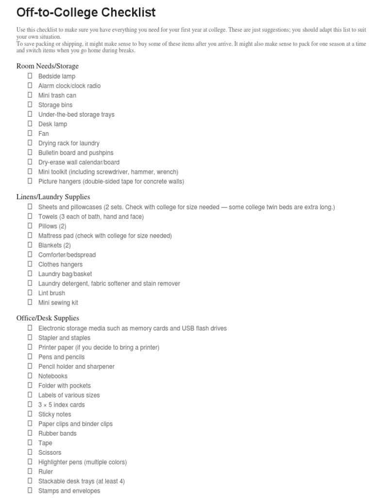 Off-to-College Checklist | PDF | Bedding | Clothing