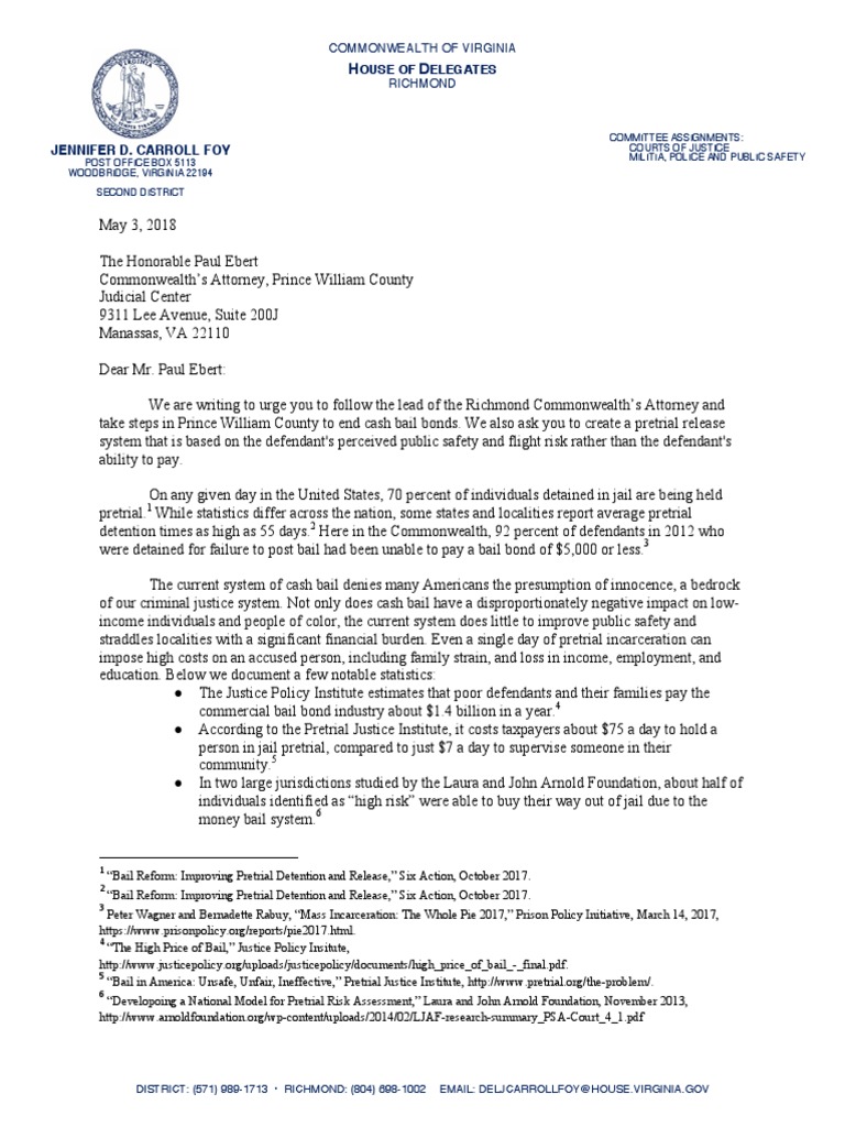 Delegate Carroll Foy Bail Reform Letter | Bail | Prison