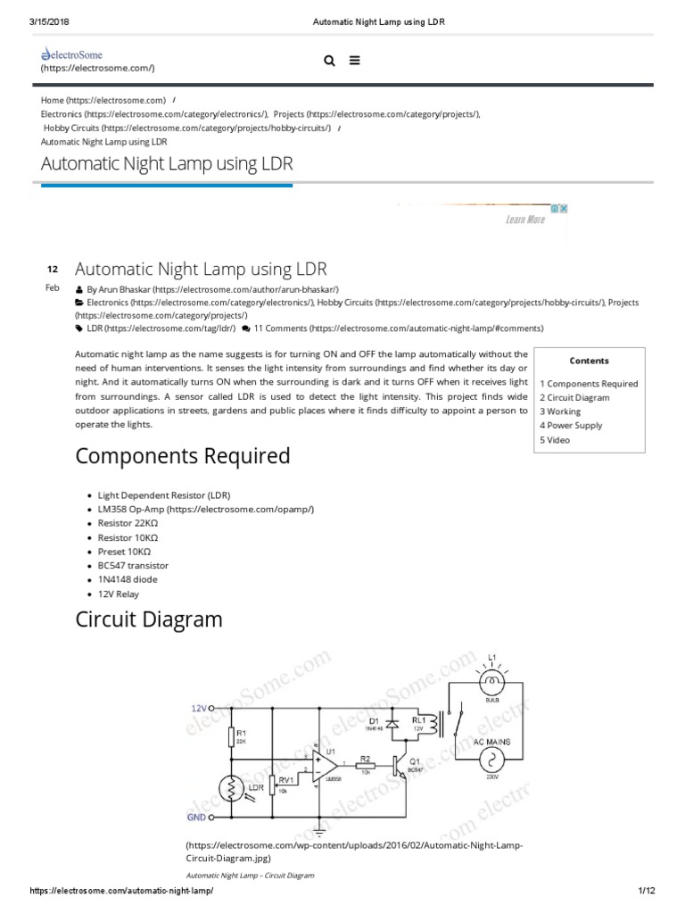 Automatic Night Lamp Using LDR | PDF | Relay | Switch