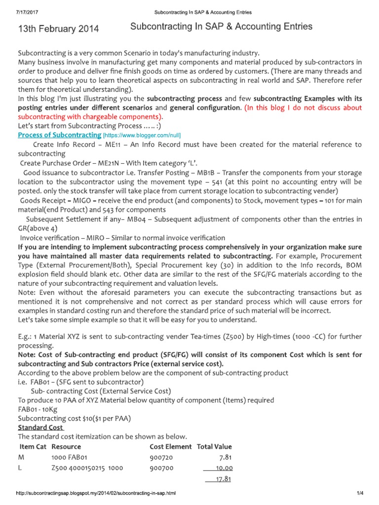 Accounting Entries During Subcontracting PO GR | PDF