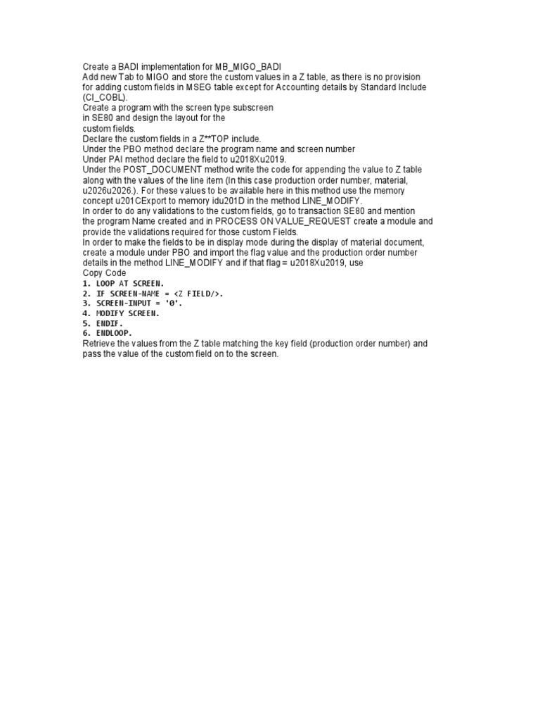 Adding New Tab and New Field in MIGO Item Detail Screen | PDF