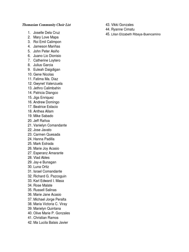 Thomasian Choir Members List | PDF