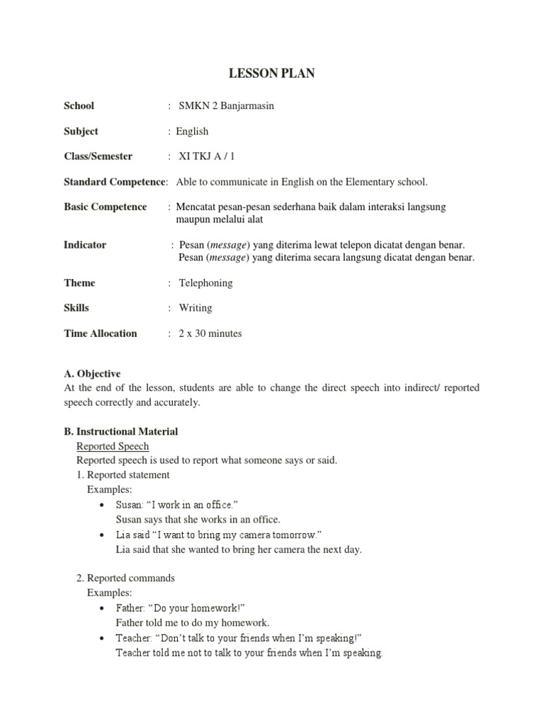 Reporting Remarks: A Lesson Plan for Teaching Reported Speech | PDF ...