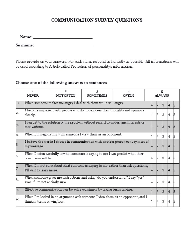 Communication Survey Questions | PDF | Question | Survey Methodology
