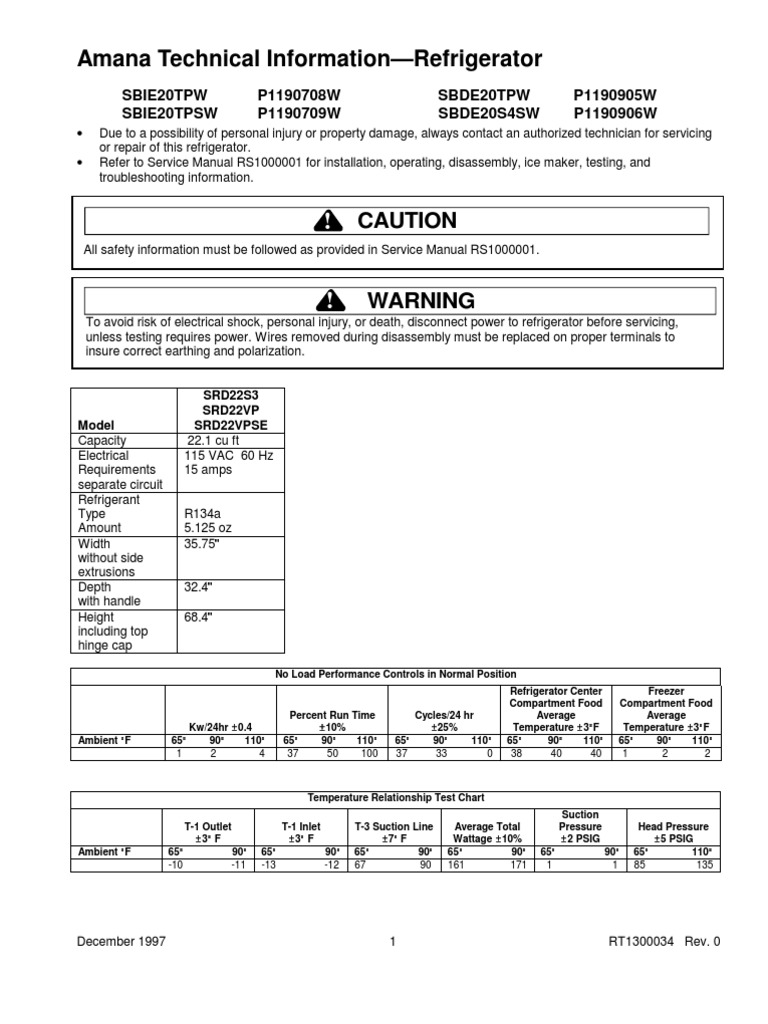 Amana Refrigerator Tech Sheet | PDF | Refrigerator | Switch