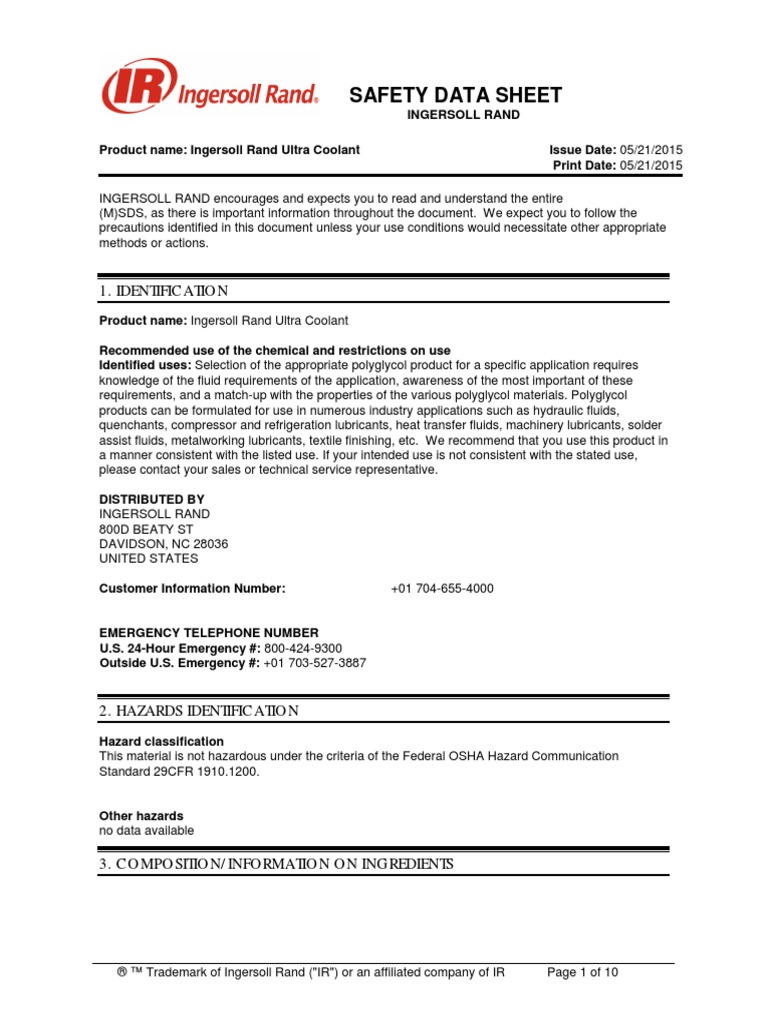 Ingersoll-Rand Ultra Coolant - FS0825 | PDF | Toxicity | Firefighting