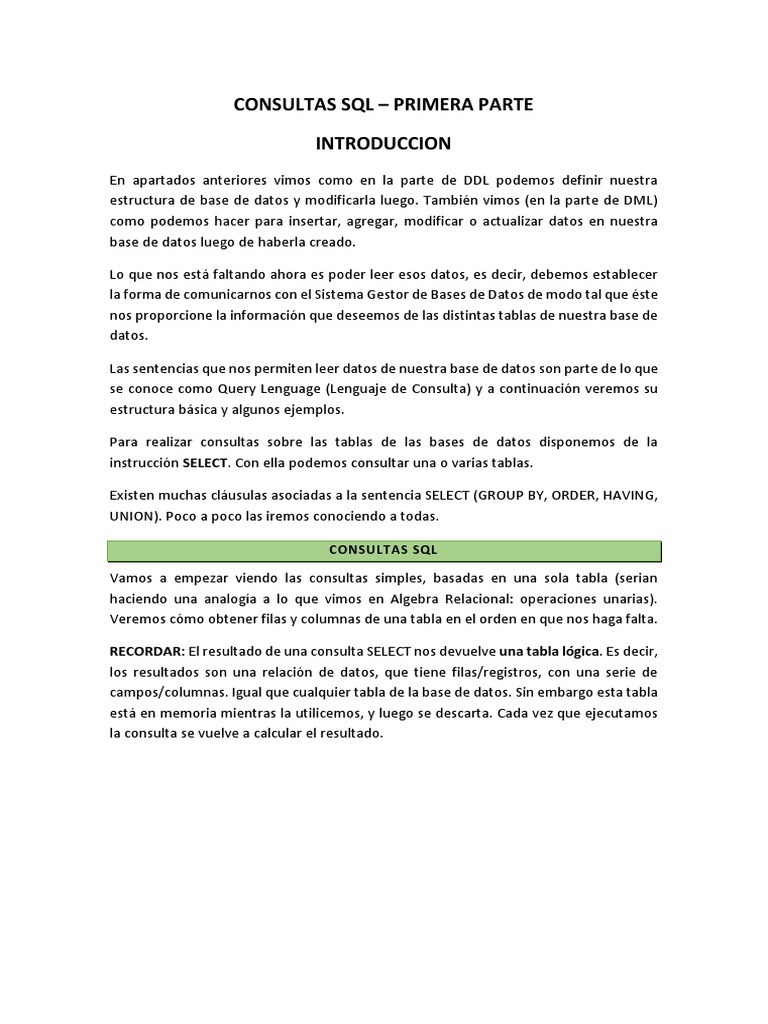 Introducción a Consultas SQL | PDF | SQL | Bases de datos