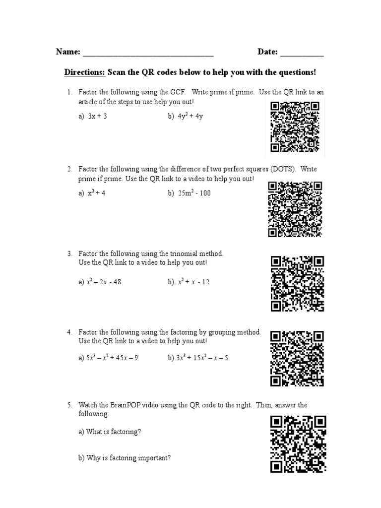 Factoring Methods Practice Worksheet | PDF