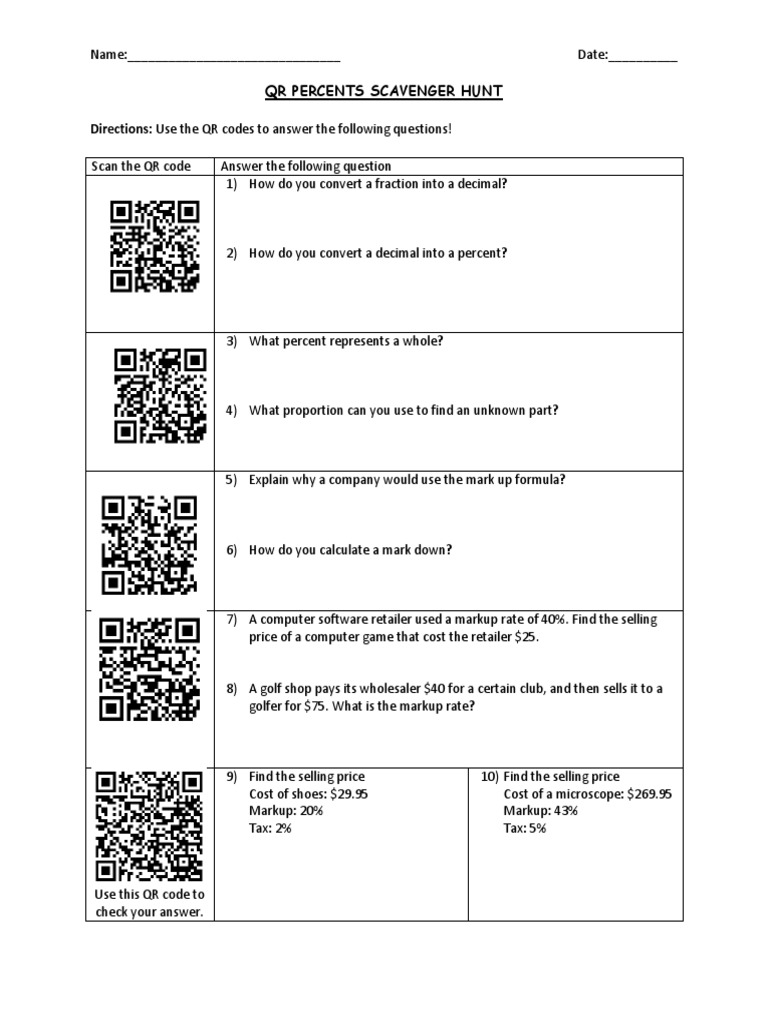 QR Percents Scavenger Hunt Directions: Use The QR Codes To Answer The ...