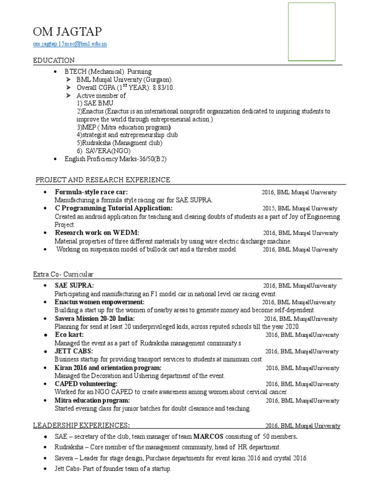 CV Om Jagtap Mec1 15b00048 | PDF | Business