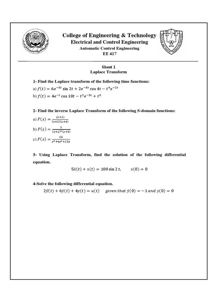 Sheets EE417 PDF | PDF | Control Theory | Laplace Transform