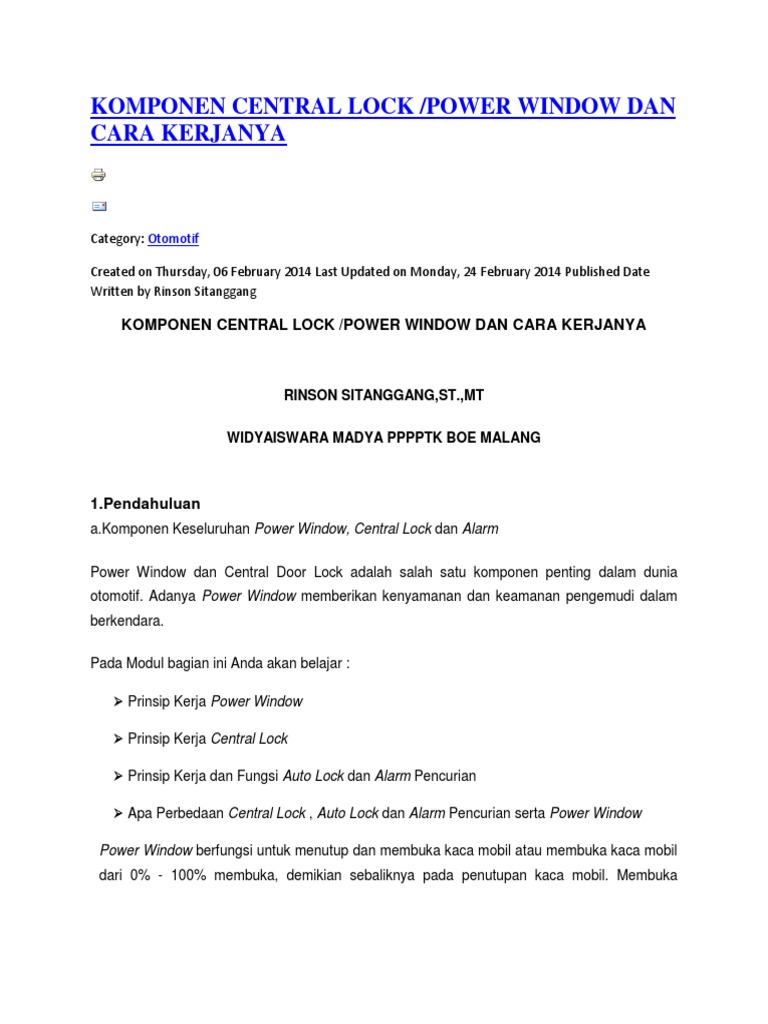 Central Lock, Power Windows, and Alarm Systems: An Overview | PDF