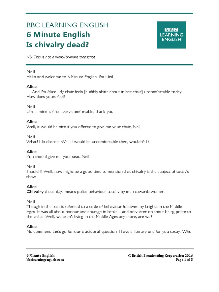 6 Minute English Is Chivalry Dead? | PDF | Chivalry | Knight