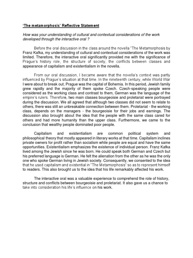 Reflective Statement For The Metamorphosis - Franz Kafka | PDF ...