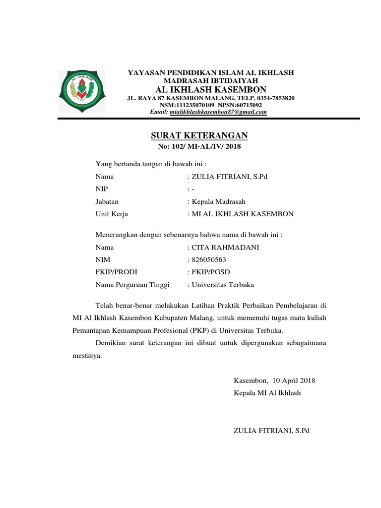 Surat Keterangan Latihan Praktik | PDF
