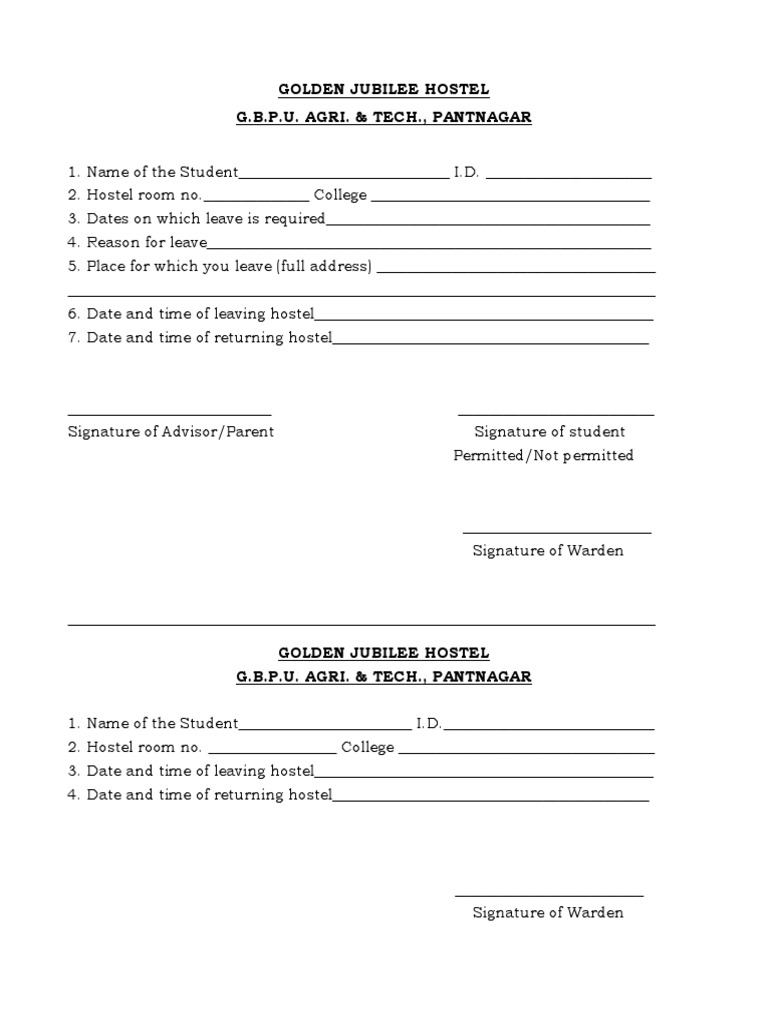Golden Jubilee Hostel Leave Form | PDF