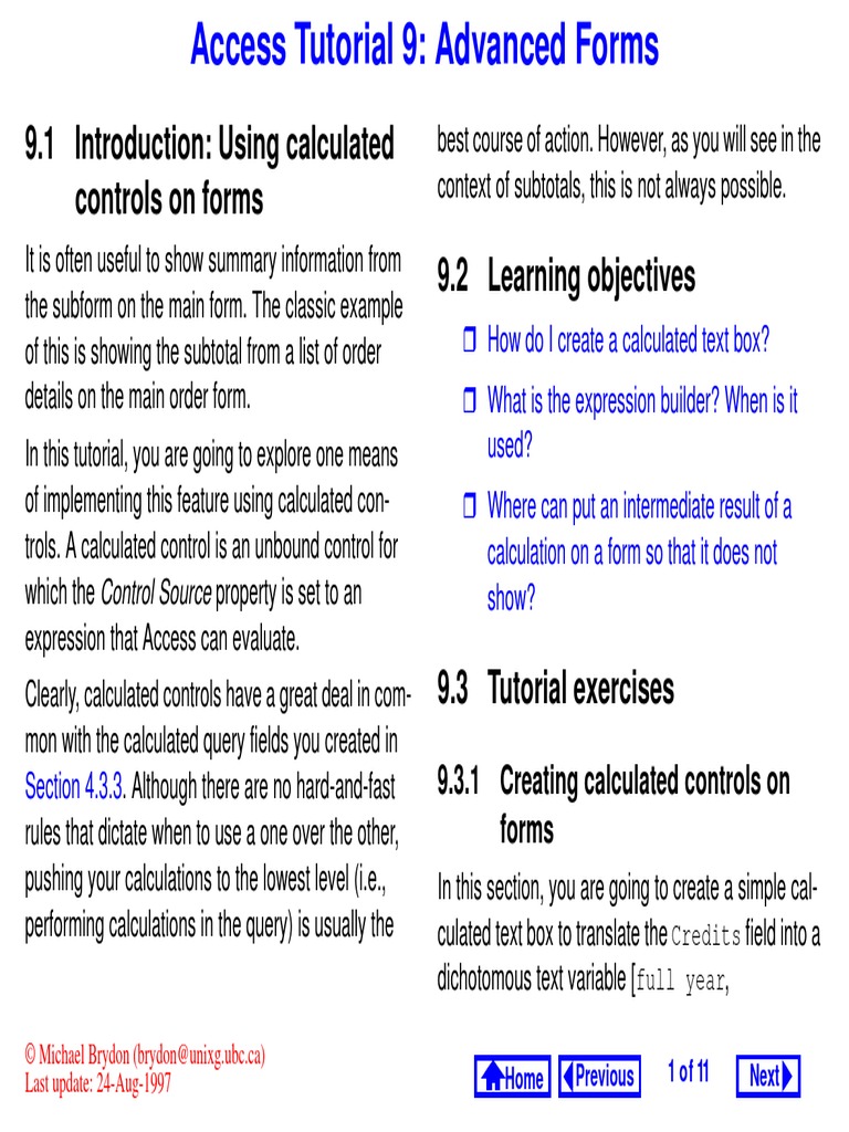 9.1 Introduction: Using Calculated Controls On Forms 9.2 Learning Objectives | PDF | Computer ...