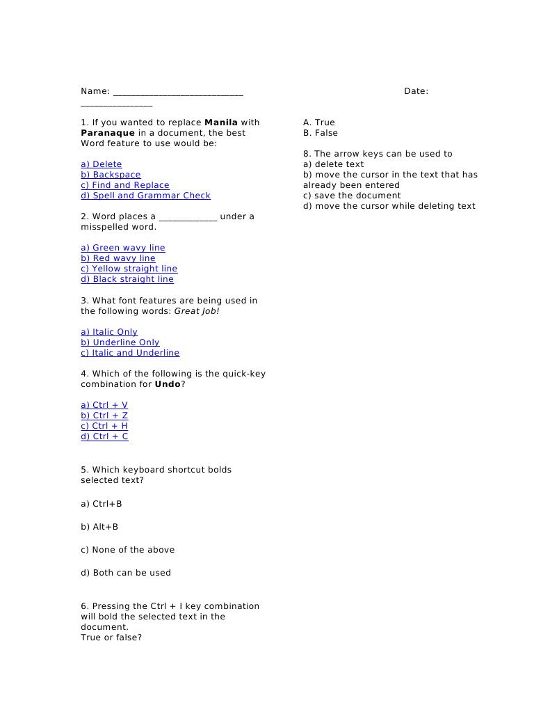Word Document Editing Quiz | PDF