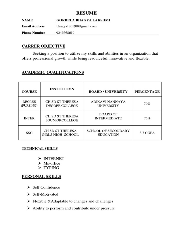 Resume of Gorrela Bhagya Lakshmi | PDF