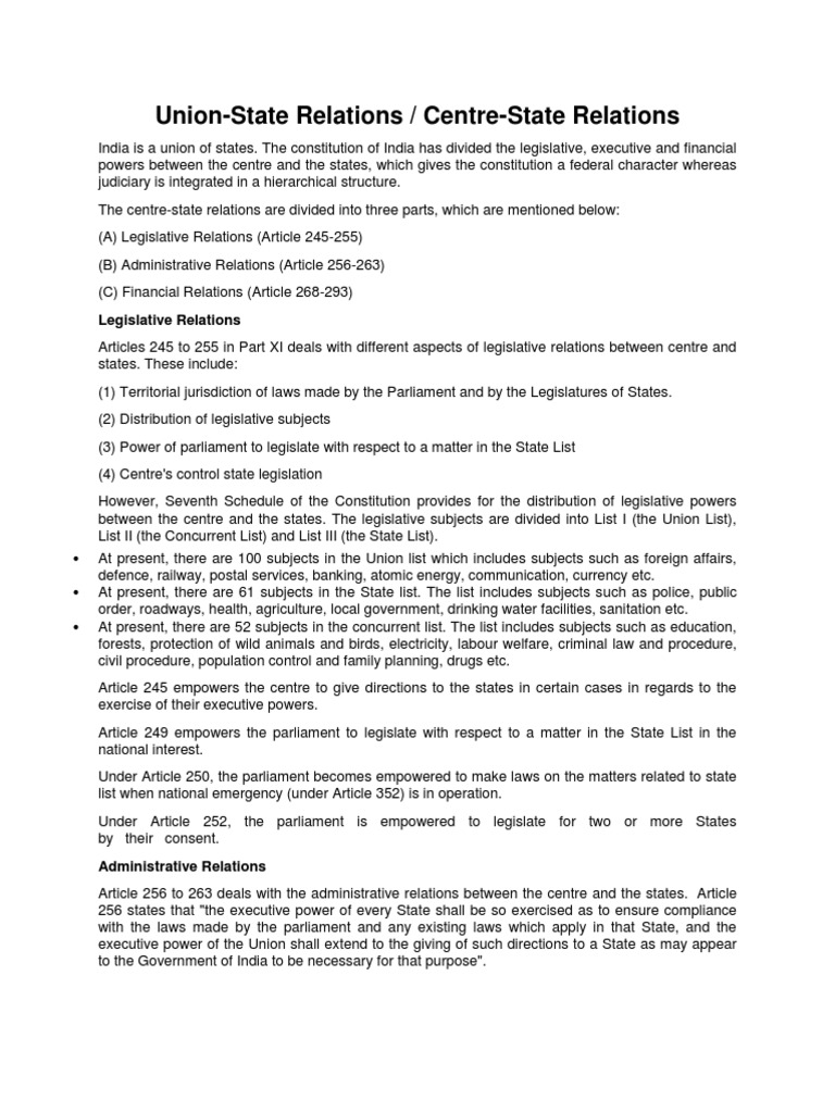 Relations State and Union Government | PDF | Official Documents ...