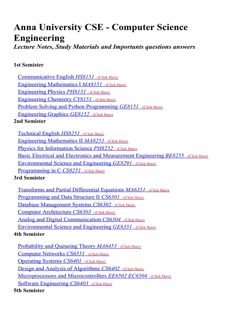 Anna University CSE Engineering - Lecture Notes, Study Materials and ...