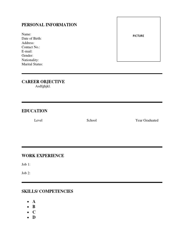 Personal Information: Name: Date of Birth: Address: Contact No.: E-Mail ...