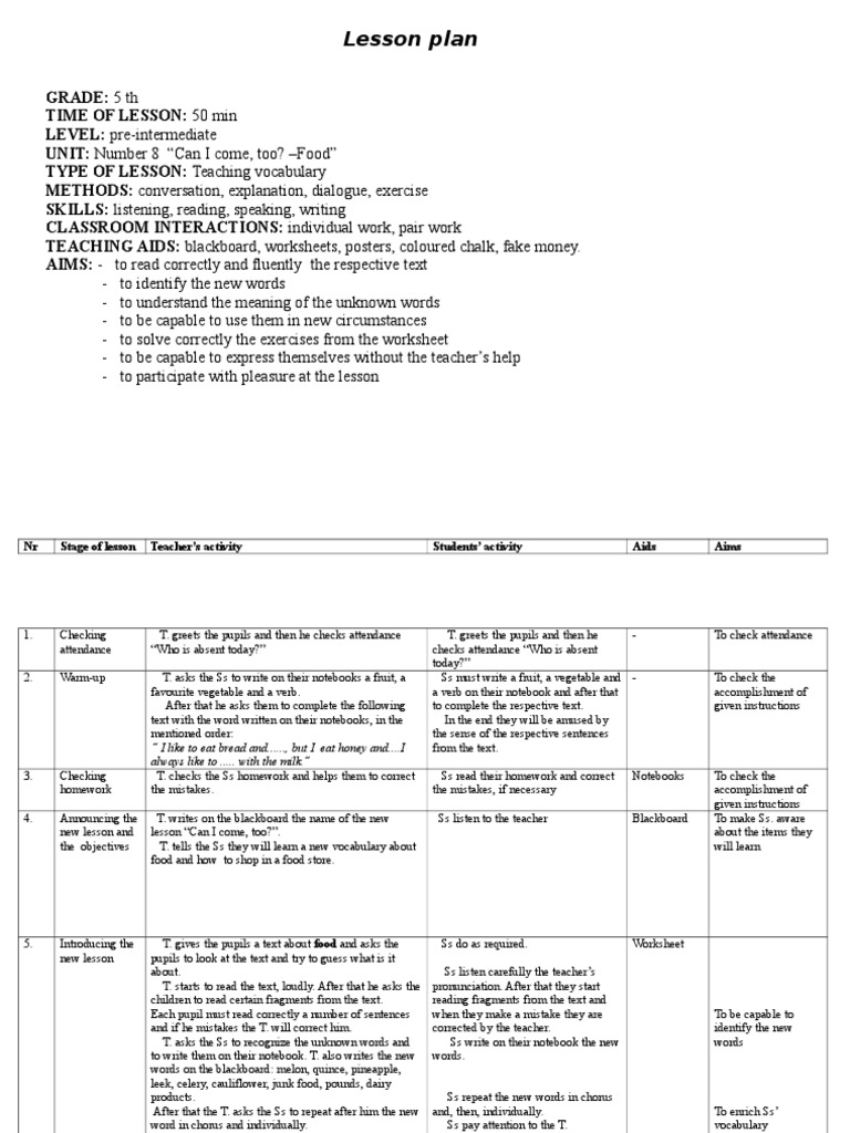 Lesson Plan 5 TH Grade | PDF | Lesson Plan | Vocabulary