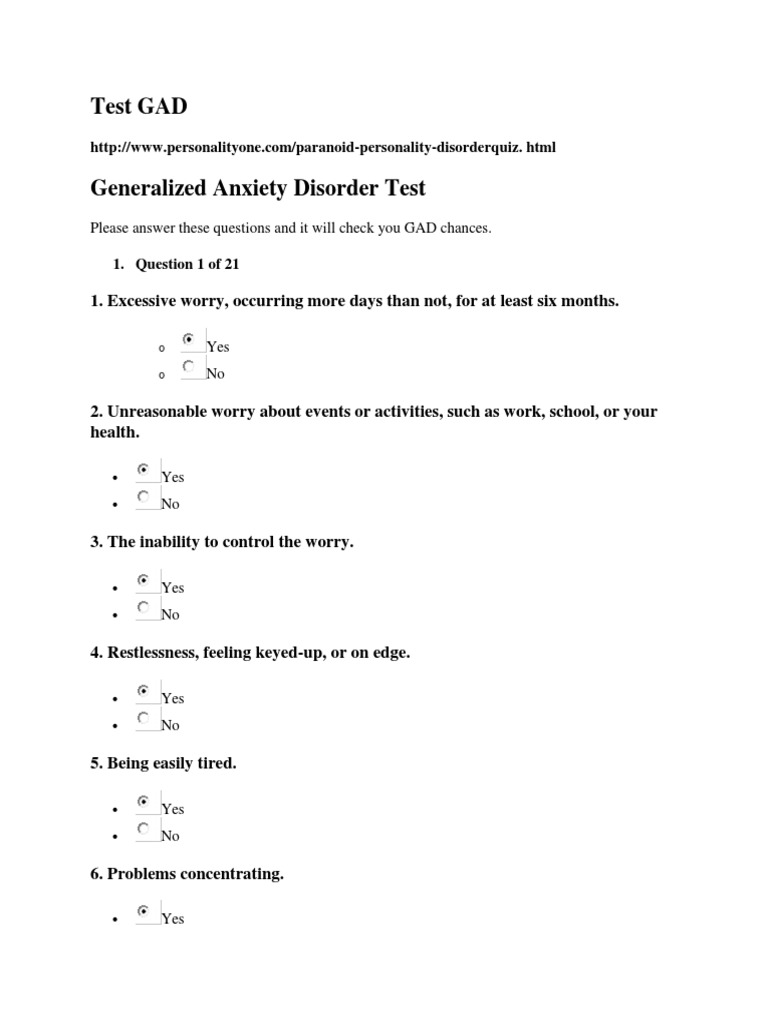 Test GAD | PDF | Generalized Anxiety Disorder | Anxiety Disorder