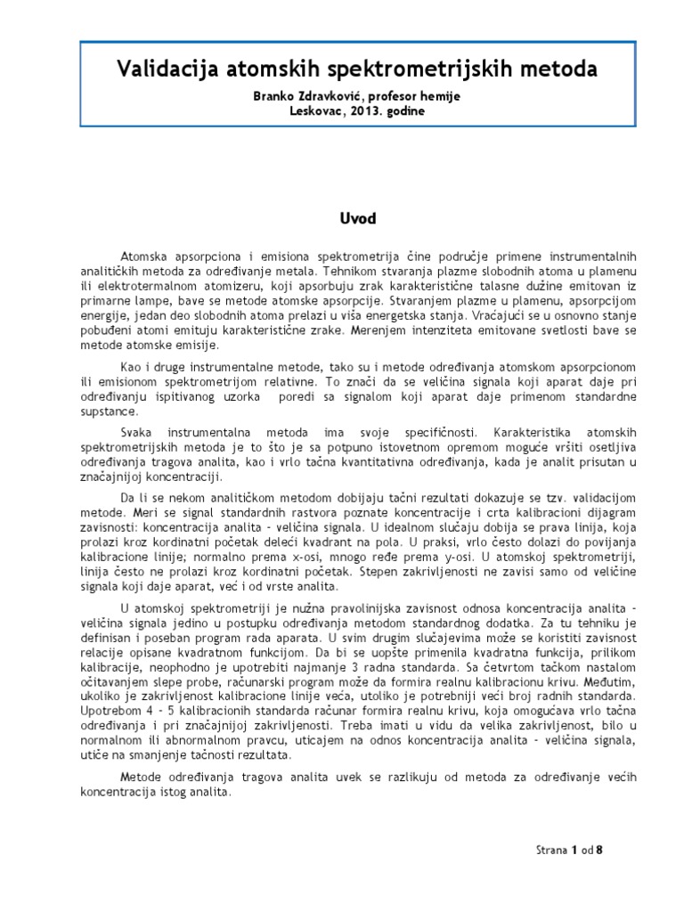 Validacija Atomskih Spektrometrijskih Metoda | PDF