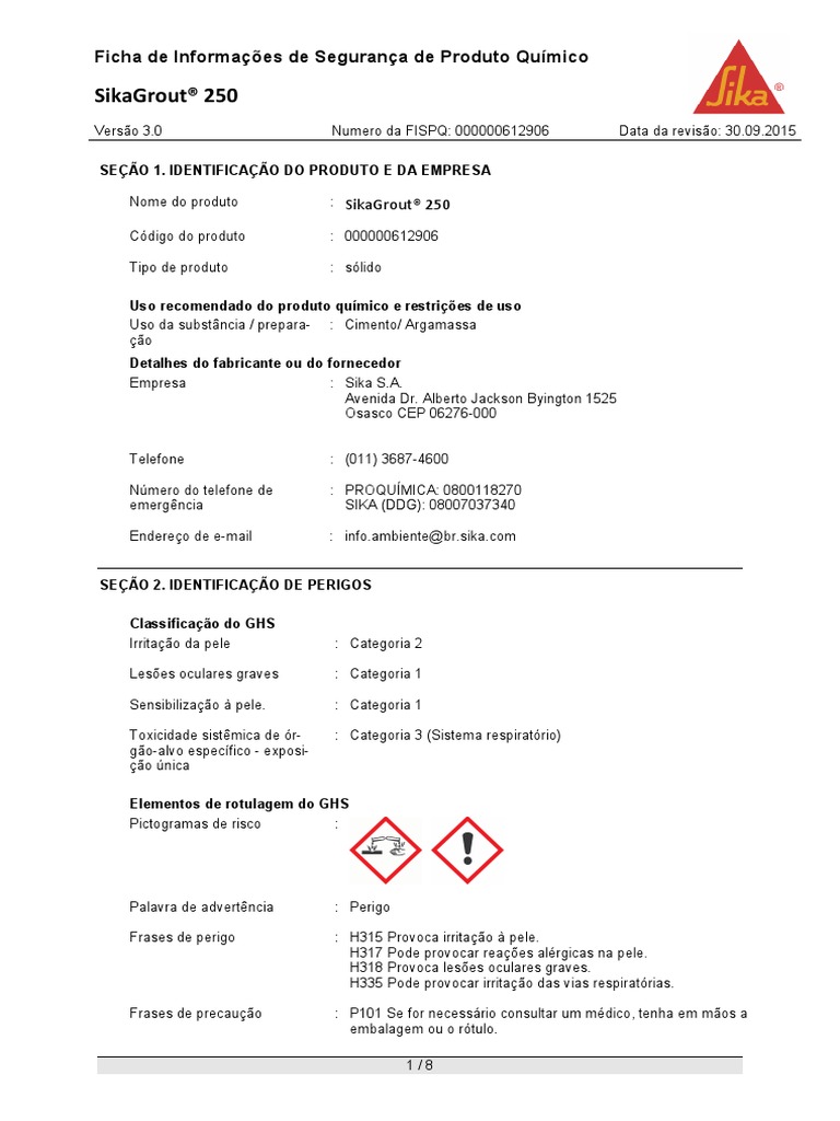 Sika Grout 250 - Msds-010-09 | PDF | Vapor | Química
