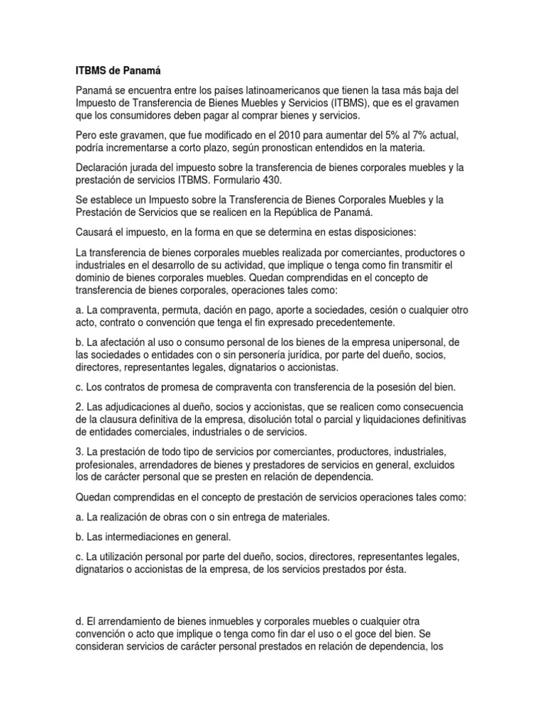 ITBMS en Panamá: Normativa y Aplicaciones | PDF | Impuestos | Bienes