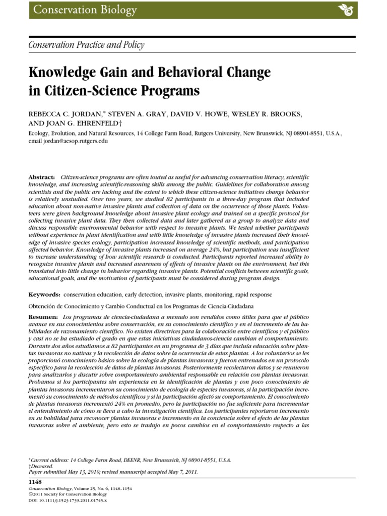 Knowledge Gain and Behavioral Change in Citizen Science Programs PDF ...