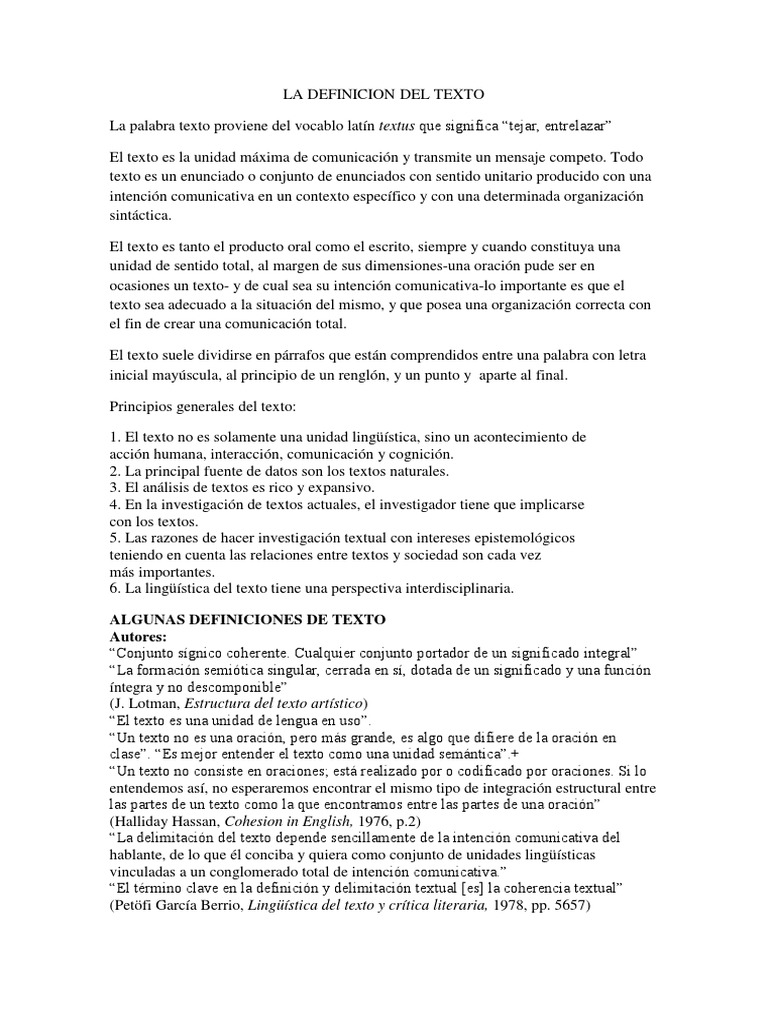 La Definicion Del Texto | PDF | Lingüística | Oración (Lingüística)