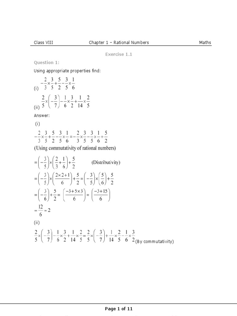 Class 8 Rational Numbers Exercise 1.1 | PDF | Multiplication ...
