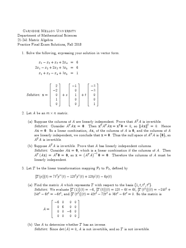 Practice Final Exam Solutions | PDF | Linear Subspace | Basis (Linear Algebra)