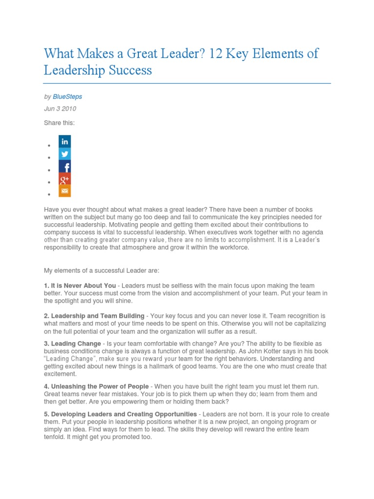 Key Elements of Great Leadership | PDF | Transformational Leadership ...