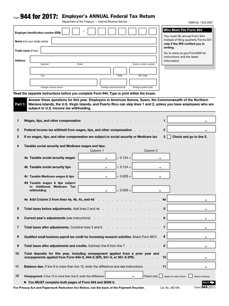 Employer's ANNUAL Federal Tax Return: Who Must File Form 944 | Download ...