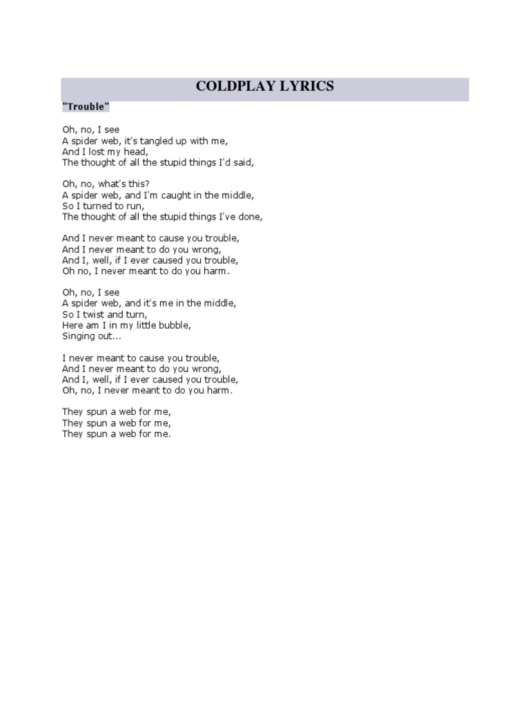 Coldplay Lyrics: "Trouble" | PDF
