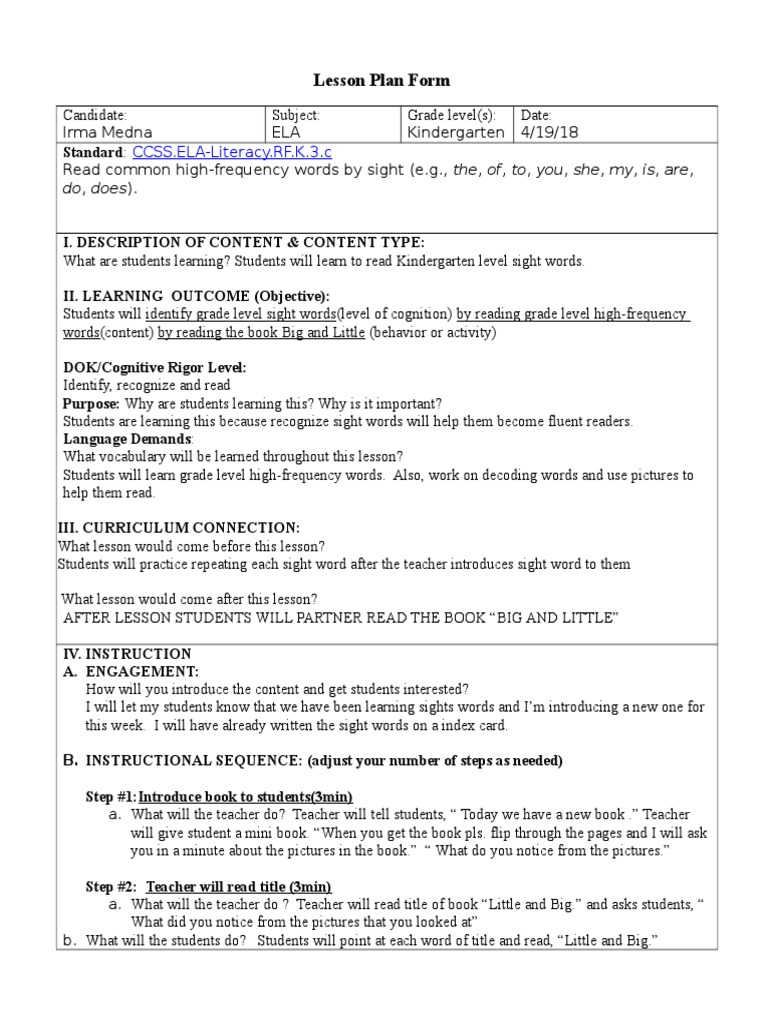 Kindergarten Sight Words Lesson Plan | PDF | Educational Assessment ...