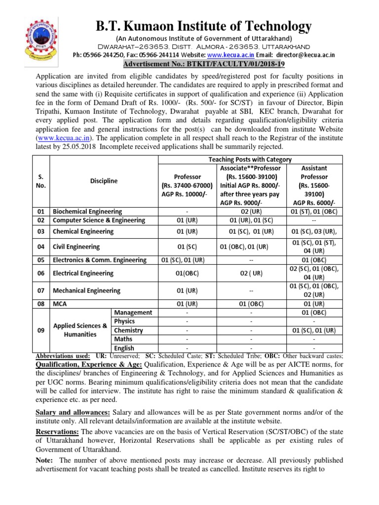 BTKIT Teaching Advt 2018 | PDF | Science And Technology