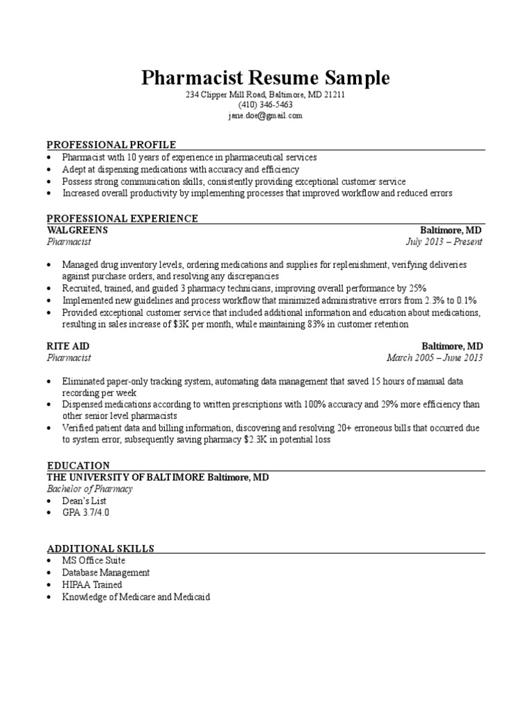 Pharmacist Resume Sample | PDF