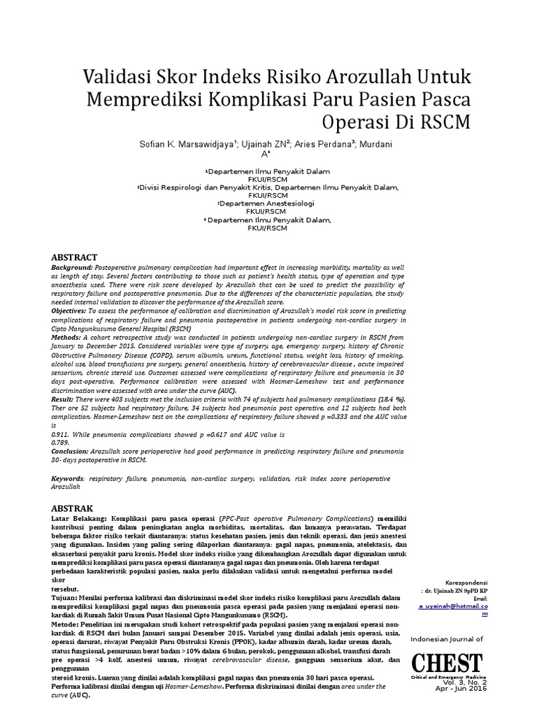 Validating Arozullah Risk Score for Predicting Post-operative Lung ...