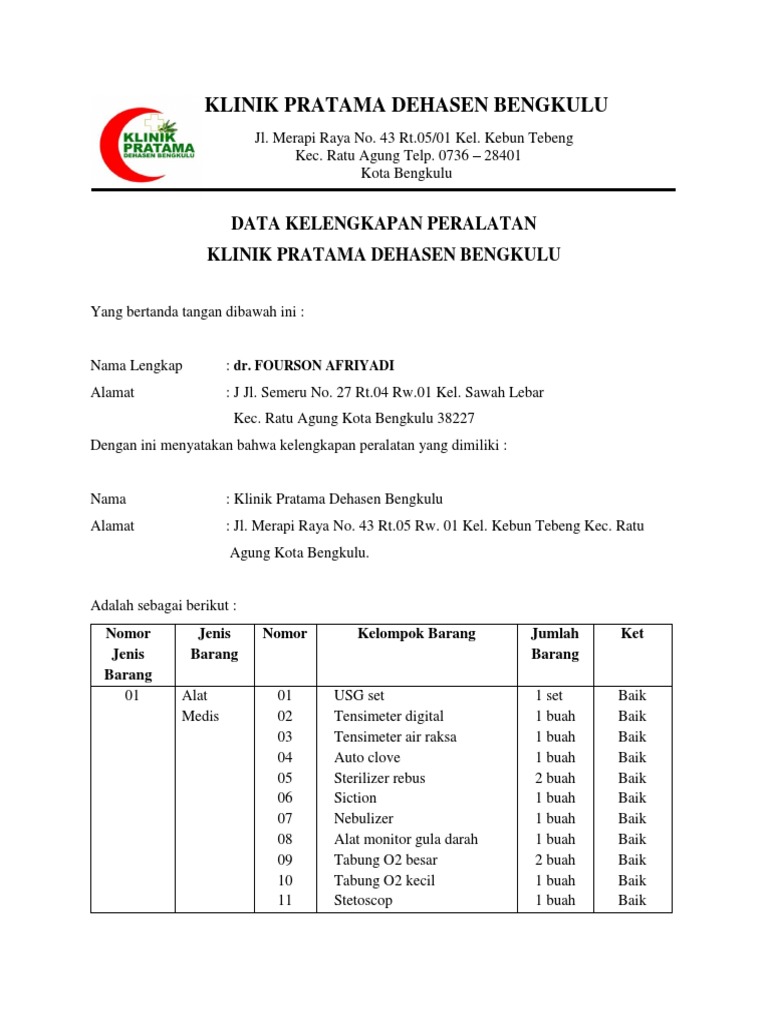 Data Kelengkapan Peralatan Klinik Dehasen Bengkulu | PDF