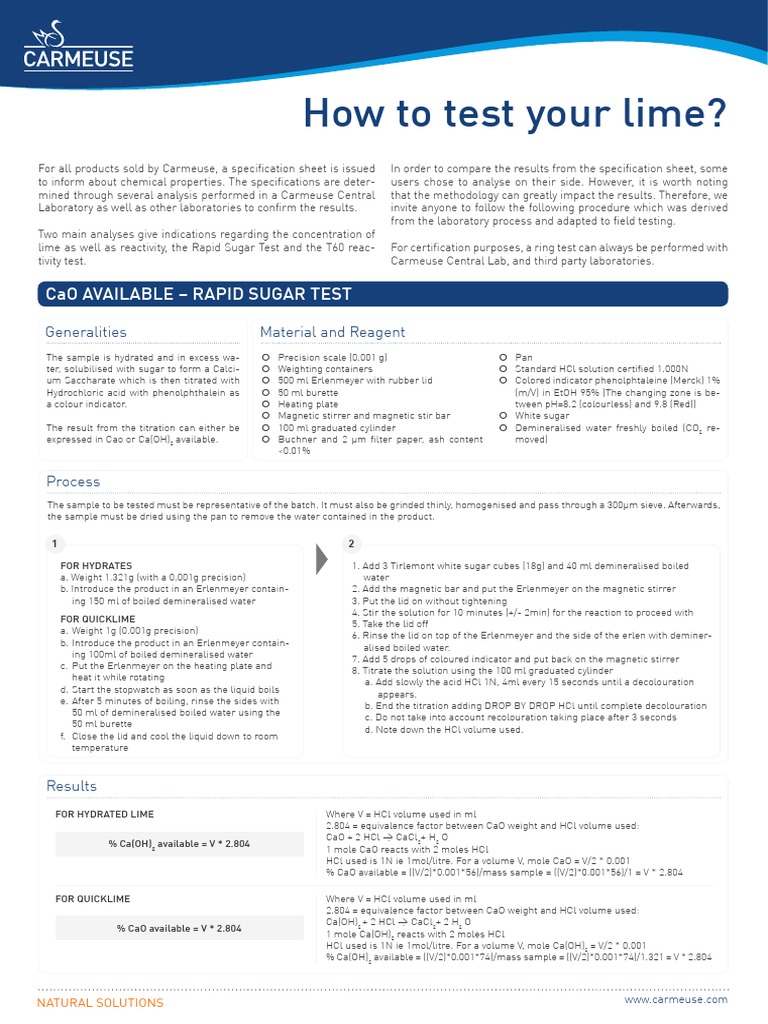 Lime Testing and Purity Procedures | PDF | Titration | Chemistry