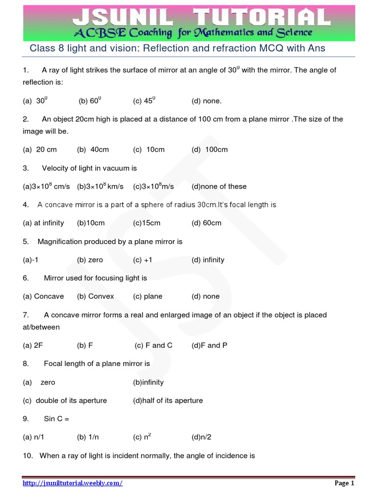 Multiple Choice Questions on Light Reflection and Refraction: An ...