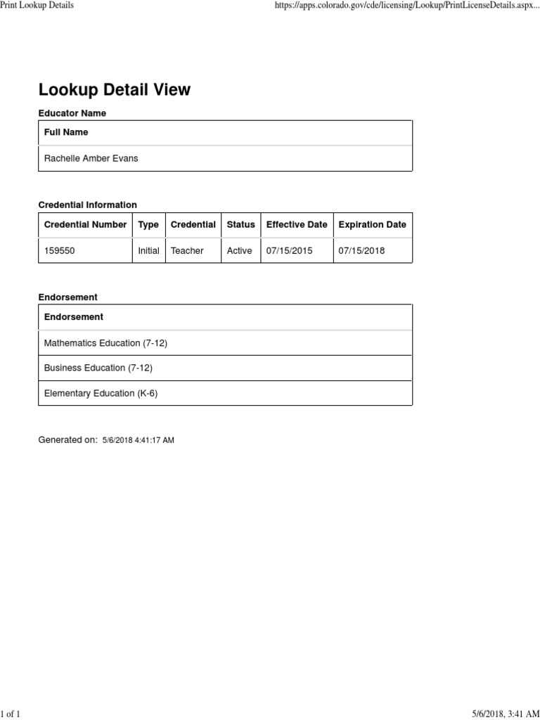 Teacher License Lookup for Rachelle Evans | PDF