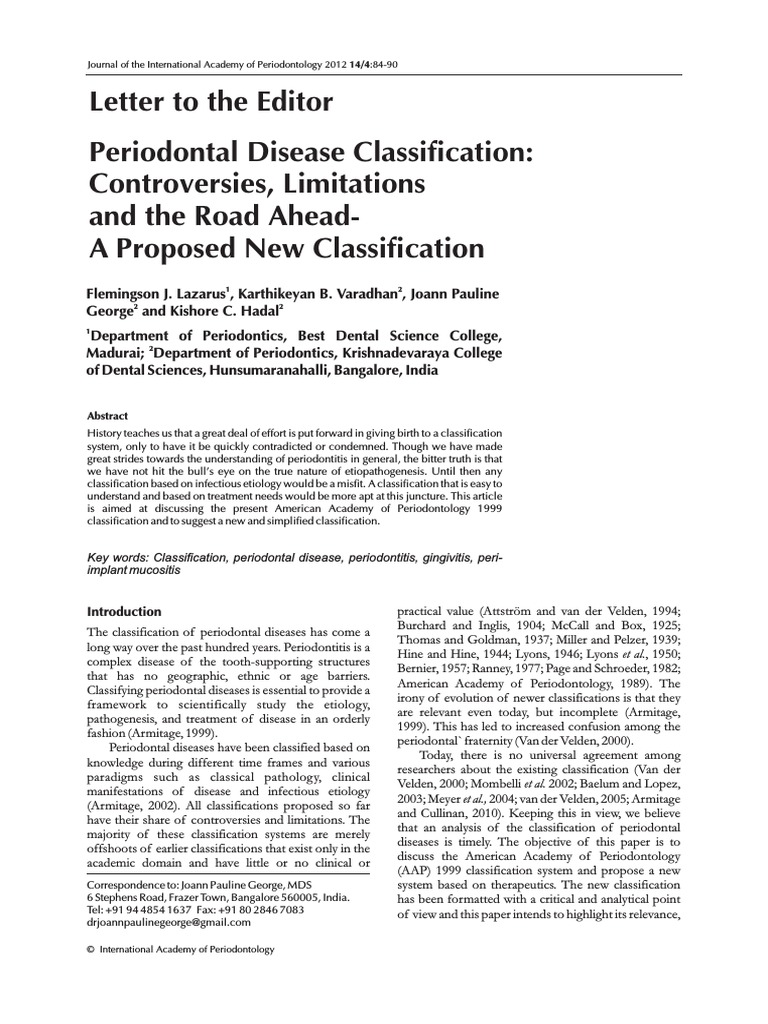 Letter To The Editor Periodontal Disease Classification: Controversies ...
