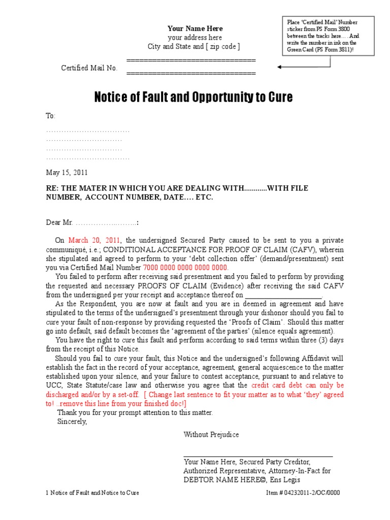 Notice of FAULT W Op To Cure With TEXT BOX | PDF | Registered Mail ...