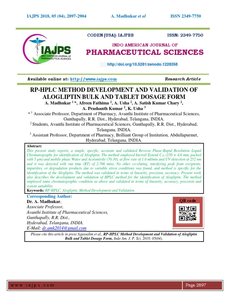 RP-HPLC Method Development and Validation of Alogliptin Bulk and Tablet Dosage Form | PDF | High ...